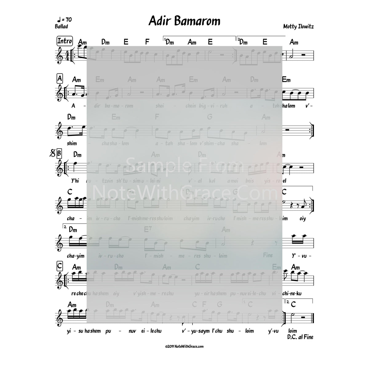 Adir Bamarom Lead Sheet (Motty Ilowitz) Album: Yes You Can (Michual Sh — NoteWithGrace.com