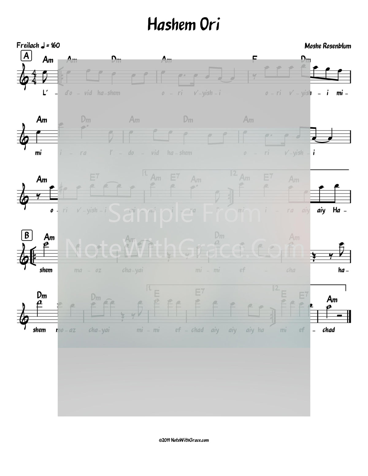 Hashem Ori Lead Sheet (Moshe Rosenblum - Belz) — NoteWithGrace.com
