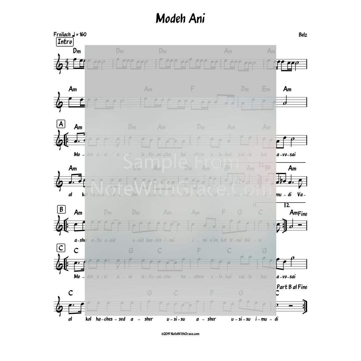 Modeh Ani Lead Sheet (Belz) As Sung By Yermiyah Damen — NoteWithGrace.com