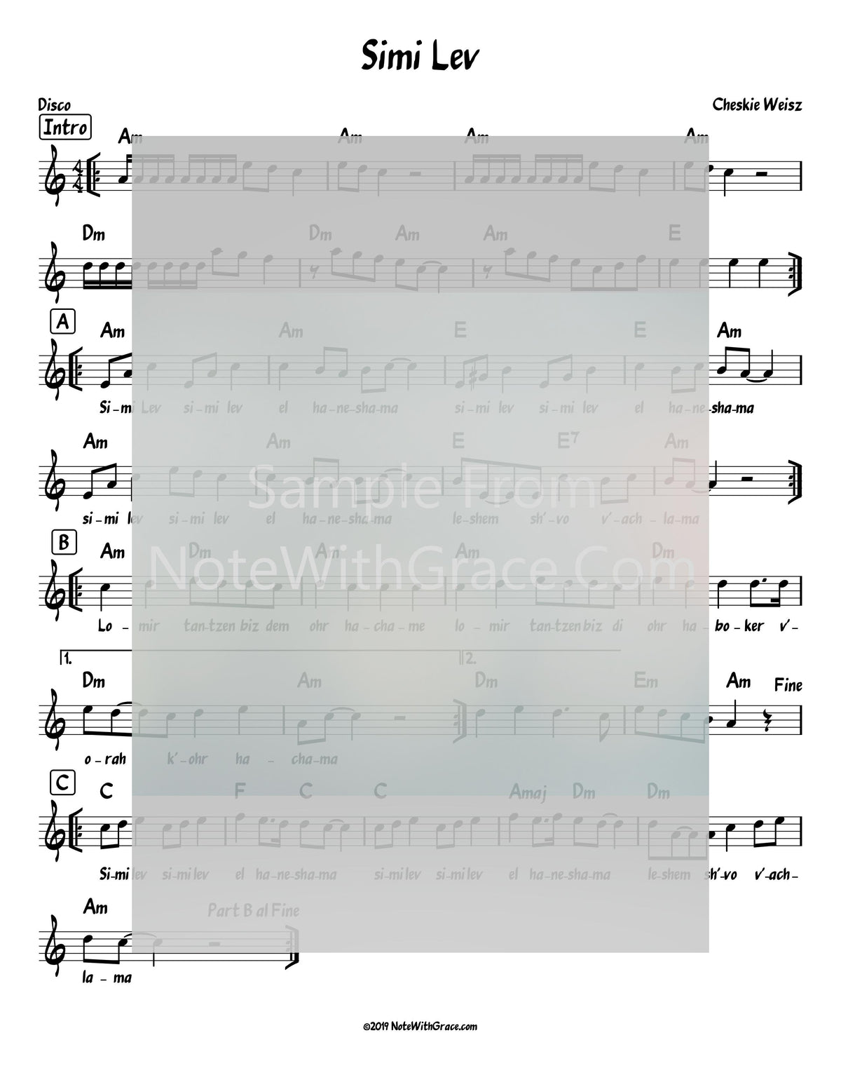 Simi Lev Lead Sheet (Cheskie Weiss) Album: Lev El Haneshama 2019 ...