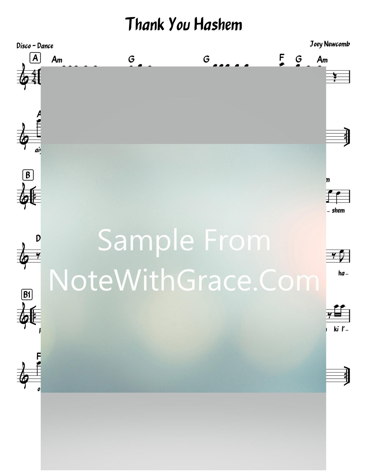 Thank You Hashem Lead Sheet (Joey Newcomb) New Single — NoteWithGrace.com